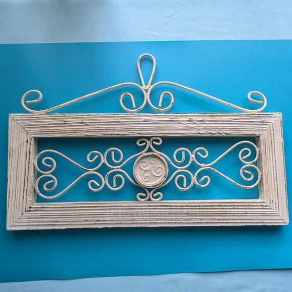 Wall Decor | Country Chic White Metal Scroll Work Rustic Wood Wall ...